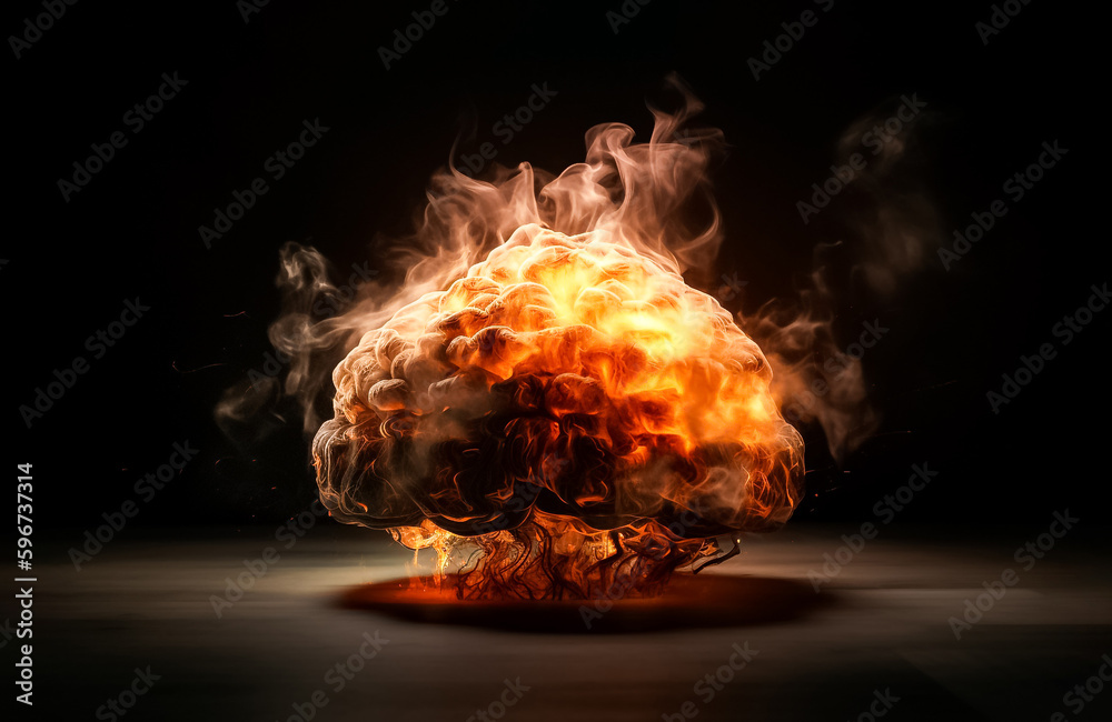 ภาพประกอบสต็อก The 3D model of a brain was set ablaze like a bomb ...