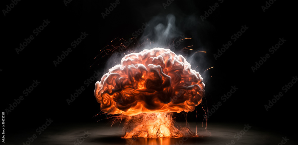 ภาพประกอบสต็อก The 3D model of a brain was set ablaze like a bomb ...