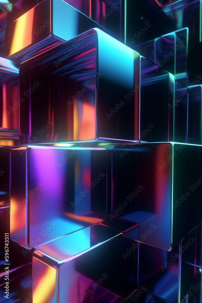 Abstract 3d neon glass shapes overlapping with shimmering light ...