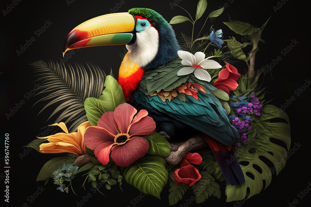 Image of brightly colored toucan bird with colorful tropical flowers ...