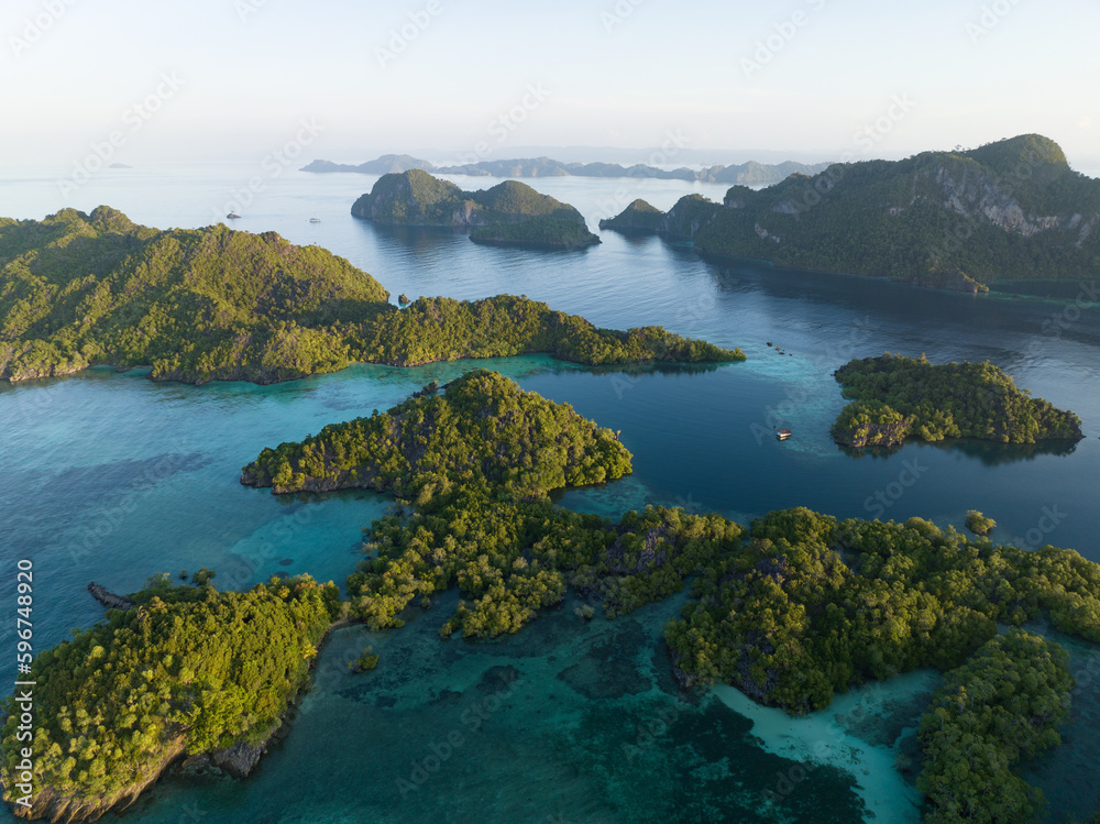 Beautiful coral reefs surround the dramatic limestone islands that rise ...