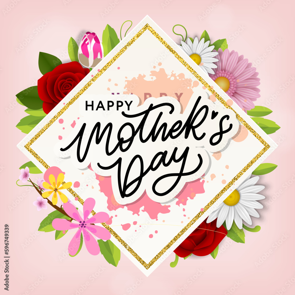 Happy Mothers Day Layout Design With Roses Lettering Ribbon Frame