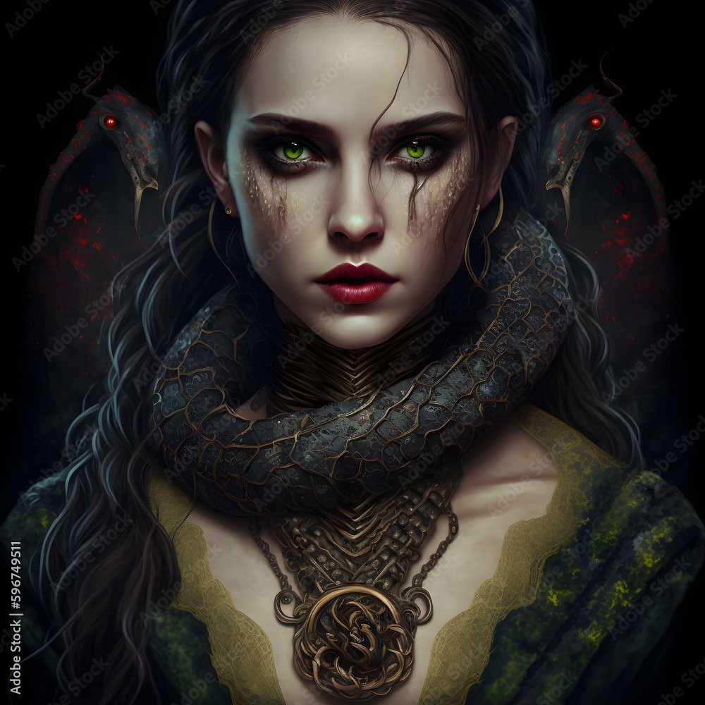 beautiful gothic femme fatale with an uroboric snake around her neck ...