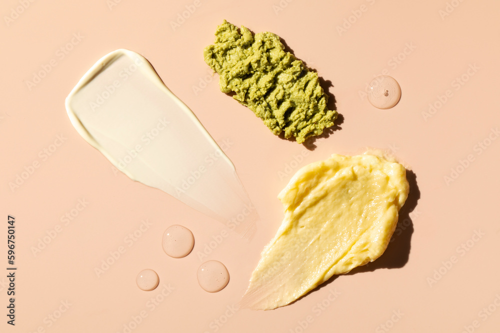 Samples and textures of various cosmetics for skin and hair care ...