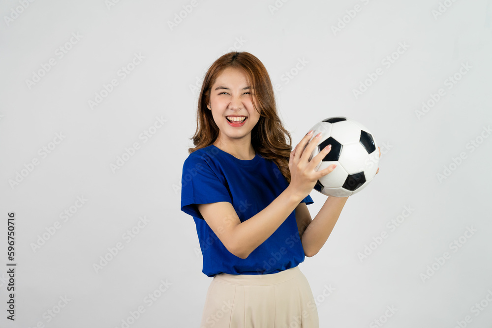 Pretty Asian female soccer fans celebrating on isolated white ...