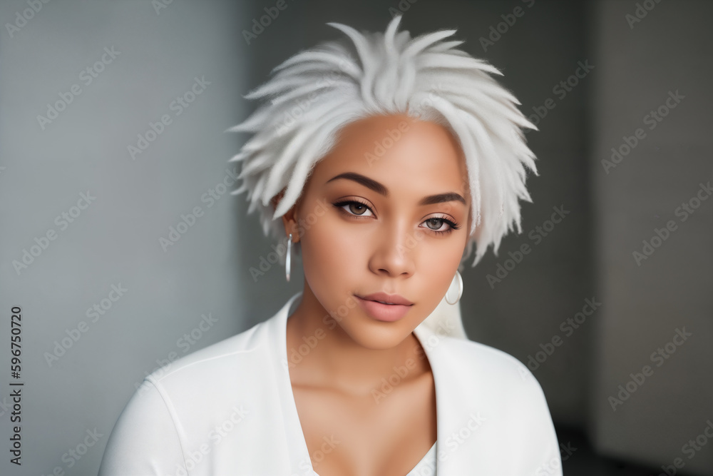 Sexy African Woman With White Lush Afro Textured Kinky Hair Or Short Curly African Dreadlocks In
