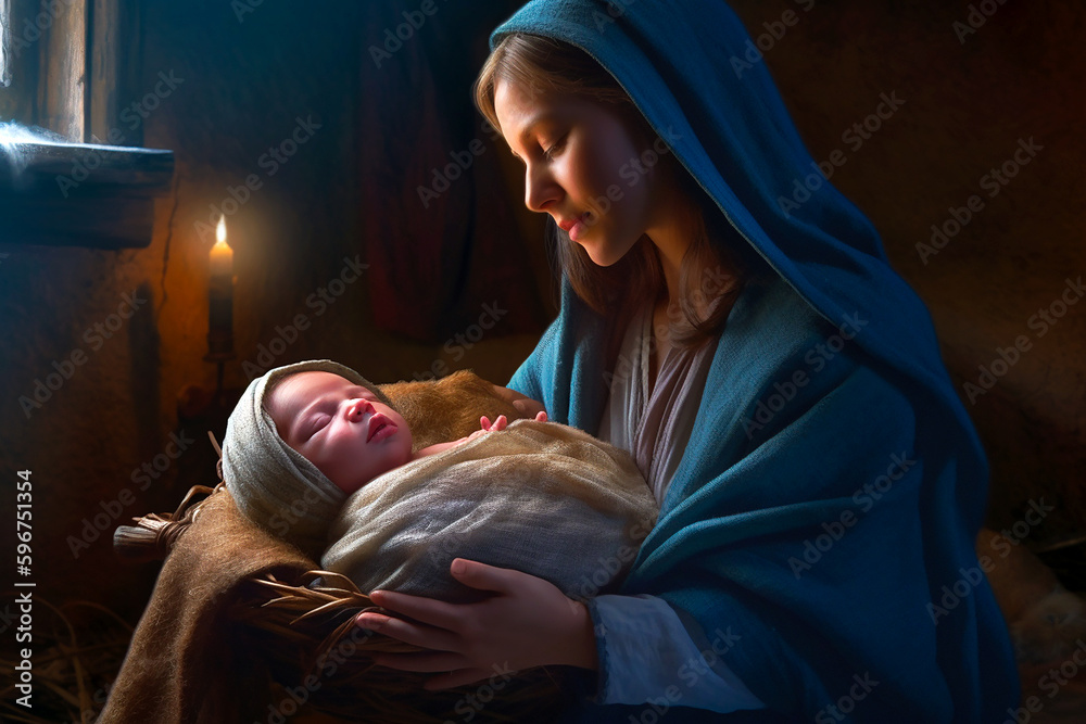Holy Mary holding baby Jesus Christ in her arms. Graphic representation ...