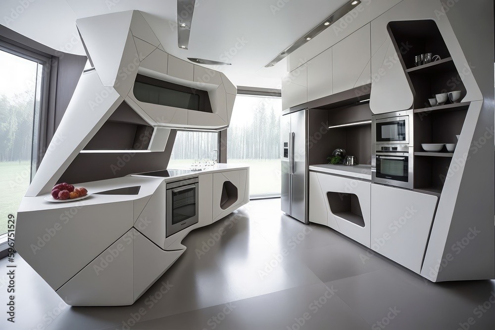 futuristic kitchen, with sleek modular custom cabinetry and minimalist ...