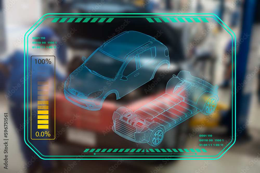 Car engine checks with hologram in dashboard interface on blurry ...