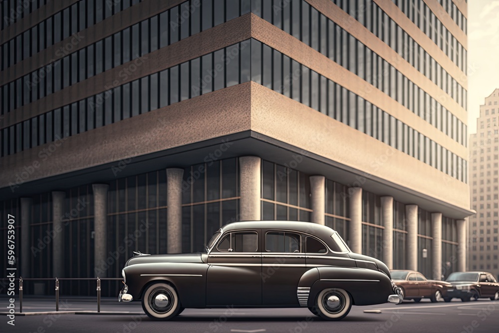 vintage car parked in front of sleek, modern office building, with view ...