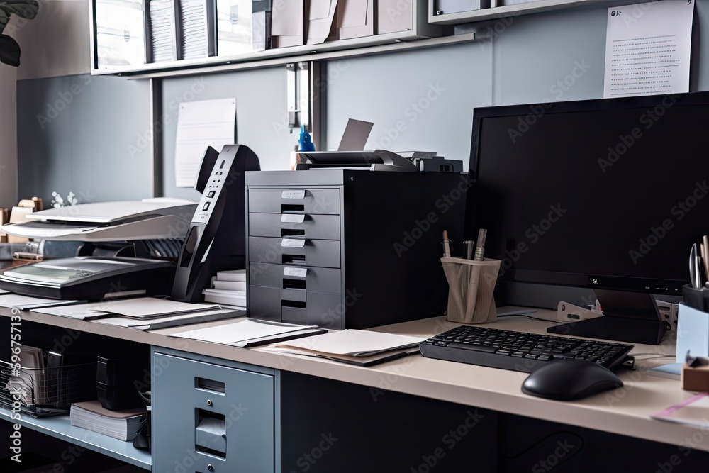 a tidy and organized office workspace, with a desktop computer and ...