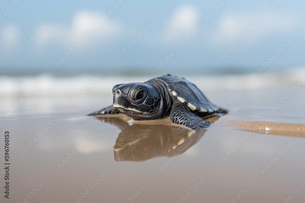 baby turtle climbing up the beach to reach the ocean for first time ...