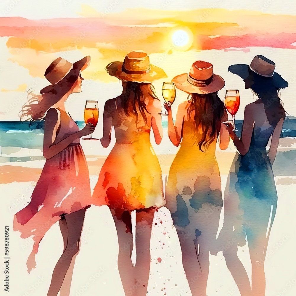 Watercolor Girls in swimsuits stand in a beach with sunset isolated on ...