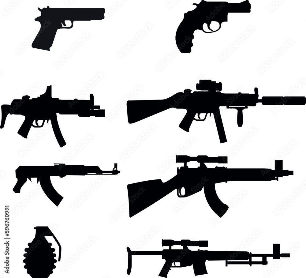 Set of differents weapon icons, silhouette vector illustration Stock ...