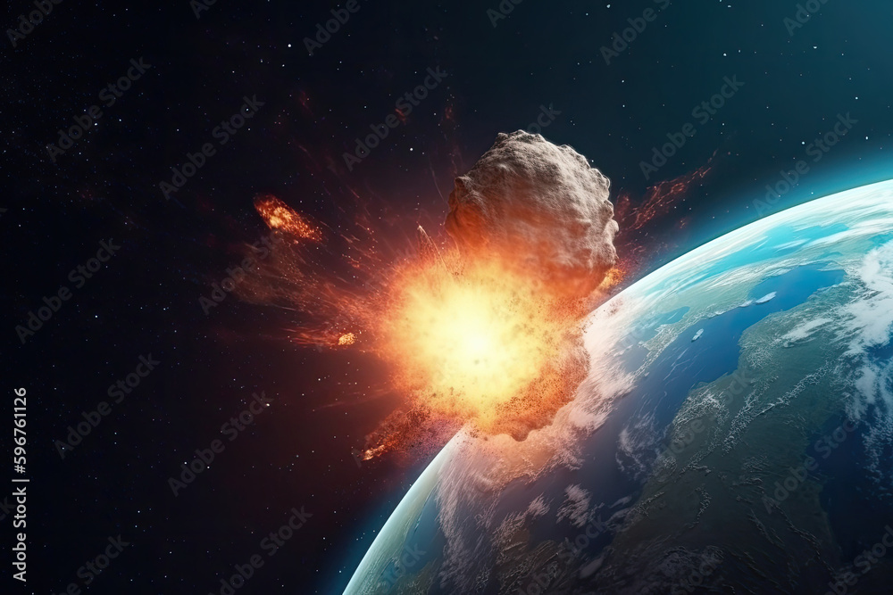 Asteroid falls on planet, view from space. Meteorite burning in ...