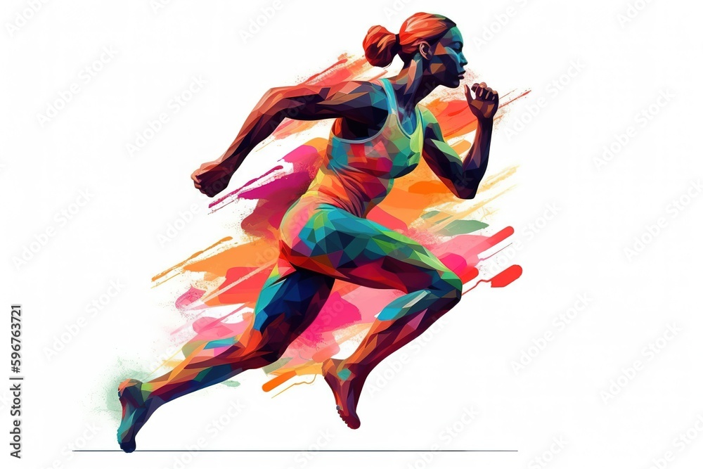 Colorful abstract digital painting of female runner. White background ...