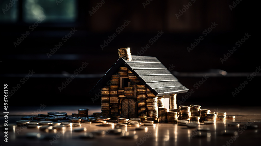 A metallic model house on a table made from gold and silver coins ...