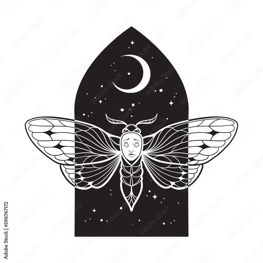 Gothic moth with face over night sky with crescent moon hand drawn line art gothic tattoo design ...