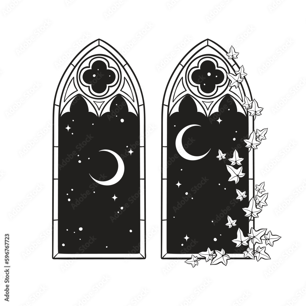Gothic windows with poison ivy and night sky with crescent moon hand ...
