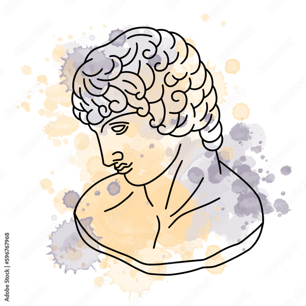 Vector Illustration of classic greek sculpture of young head, lineart ...