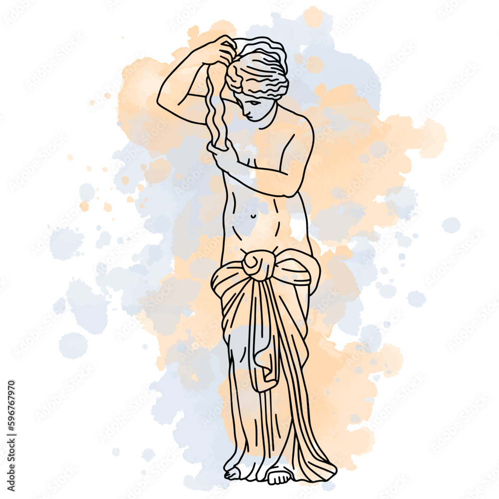Vector illustration of antique statue of standing woman. Line art with ...