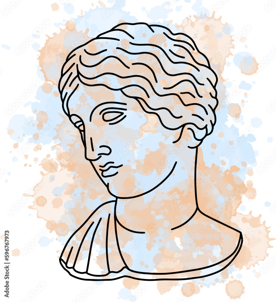 Vector illustration of classic greek sculpture of girl head, line art ...