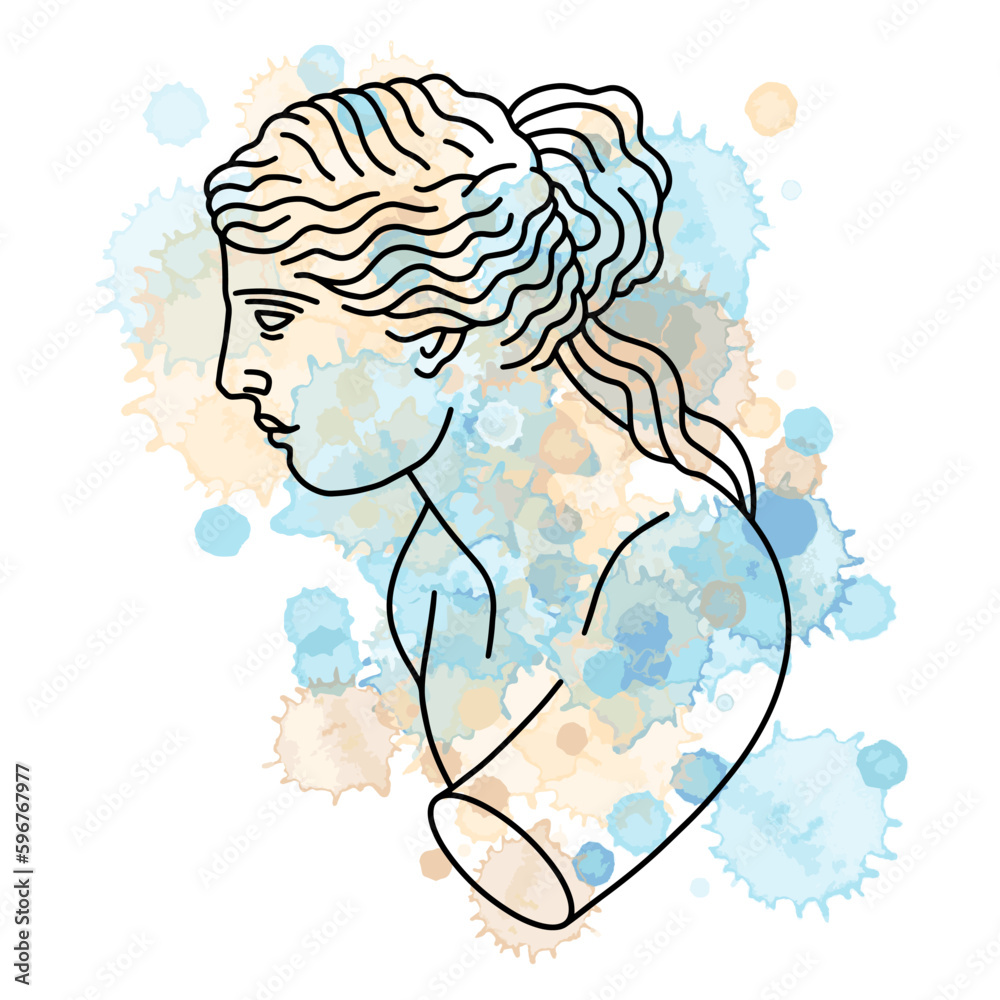 Vector illustration of classic greek sculpture of girl head, line art ...