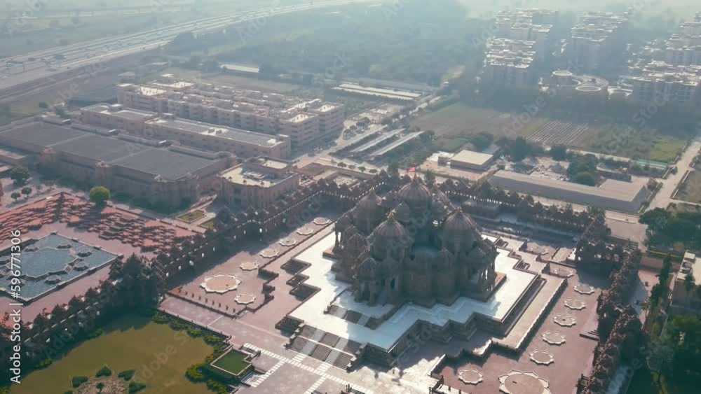 Aerial shot of Akshardham Temple in New Delhi, India. Drone view of a ...