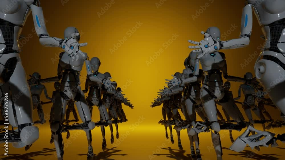 3d motion graphic render animation of female robots flying in lines ...