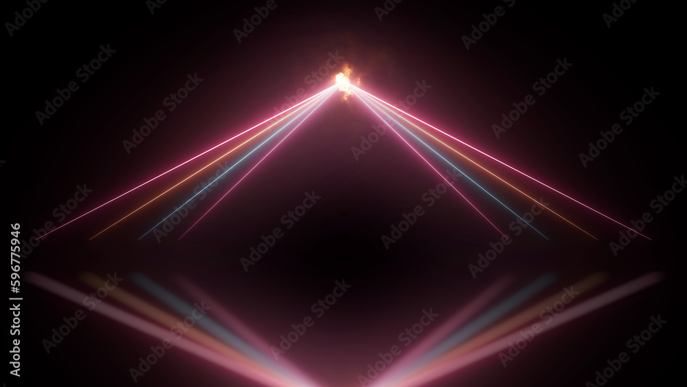 Neon prism laser lines revealing on a dark black background. Neon prism ...