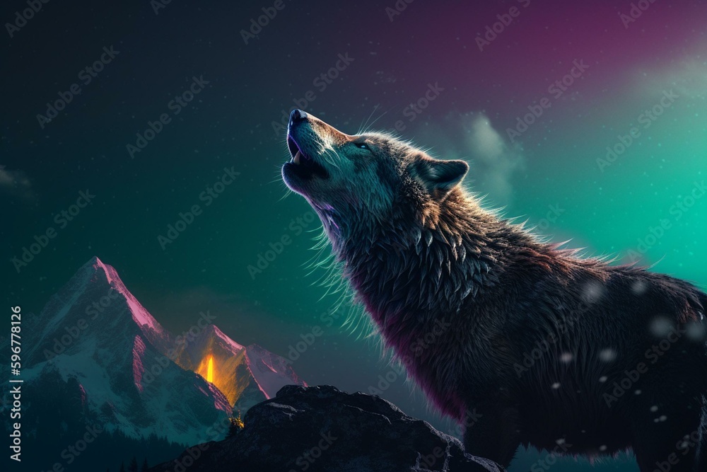 Colorful illustrated poster of a wolf howling at the moon under ...