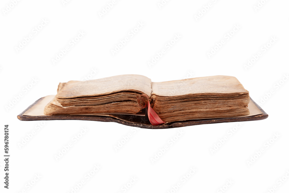 Old fashioned retro vintage worn out faded opened book front view, open ...