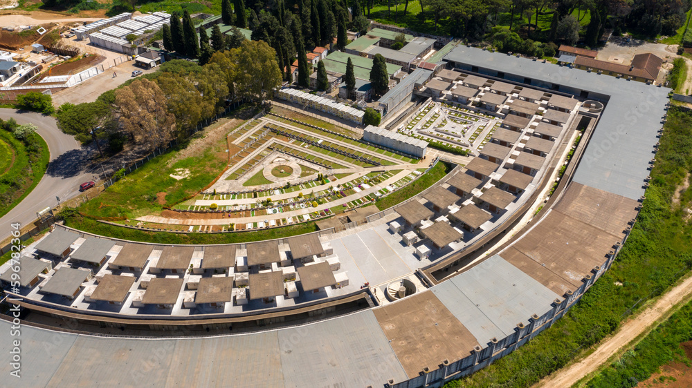 Aerial view of the municipal cemetery of Pomezia, in the Metropolitan ...