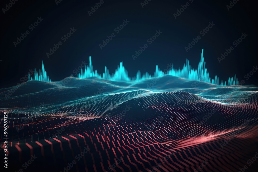 Data technology background with dots and binary code on 3D wave ...