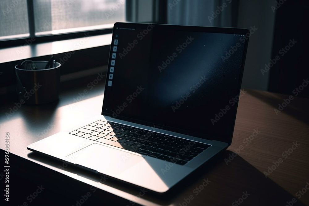 A fictional laptop on a clean desk with a blank white screen ...