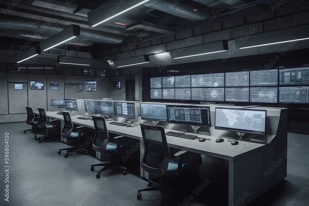 Empty interior of big modern security system control room, workstation with multiple displays ...