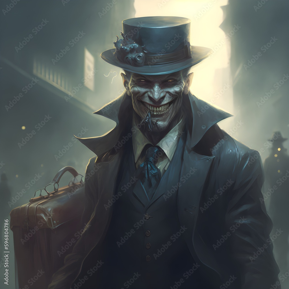 e evil human smiling traveling salesman in suit and hat carrying a ...