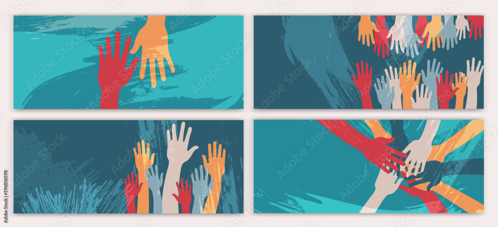 Creative poster design with raised hands of volunteers. Recruitment ...