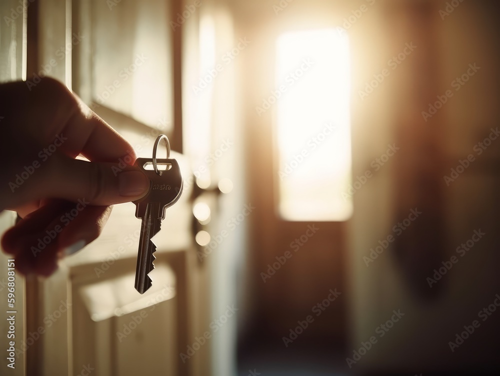 A hand holding a key and unlocking a door, with a blurred home interior ...