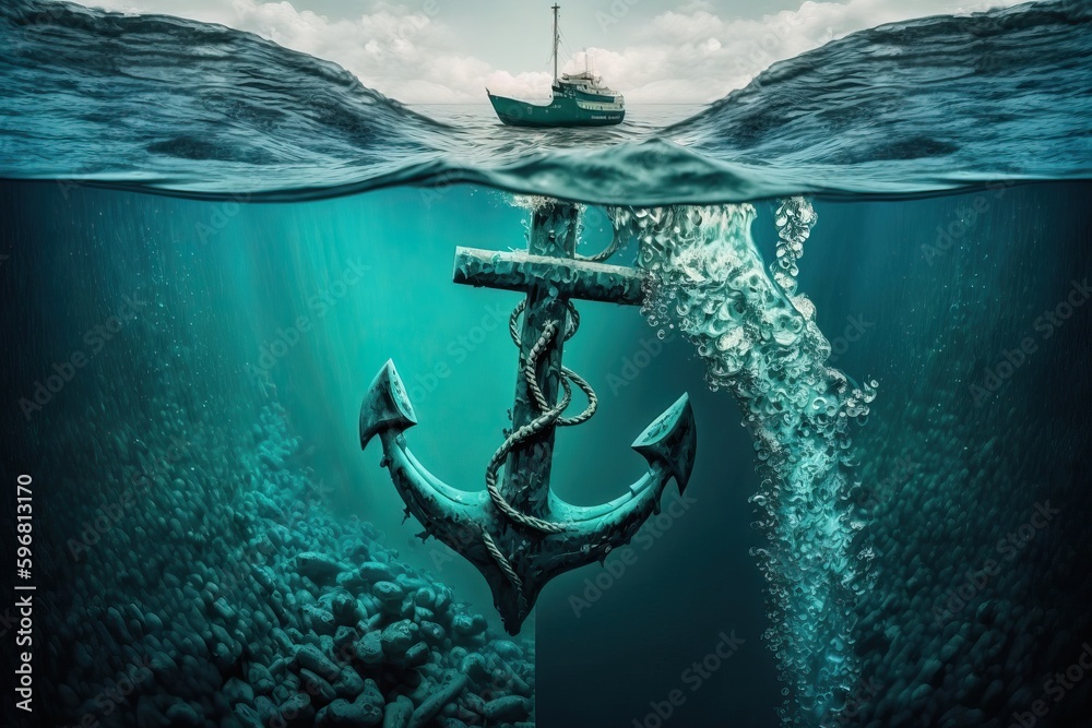 Anchor on the bottom of the ocean underwater, abandoned anchor from a ...