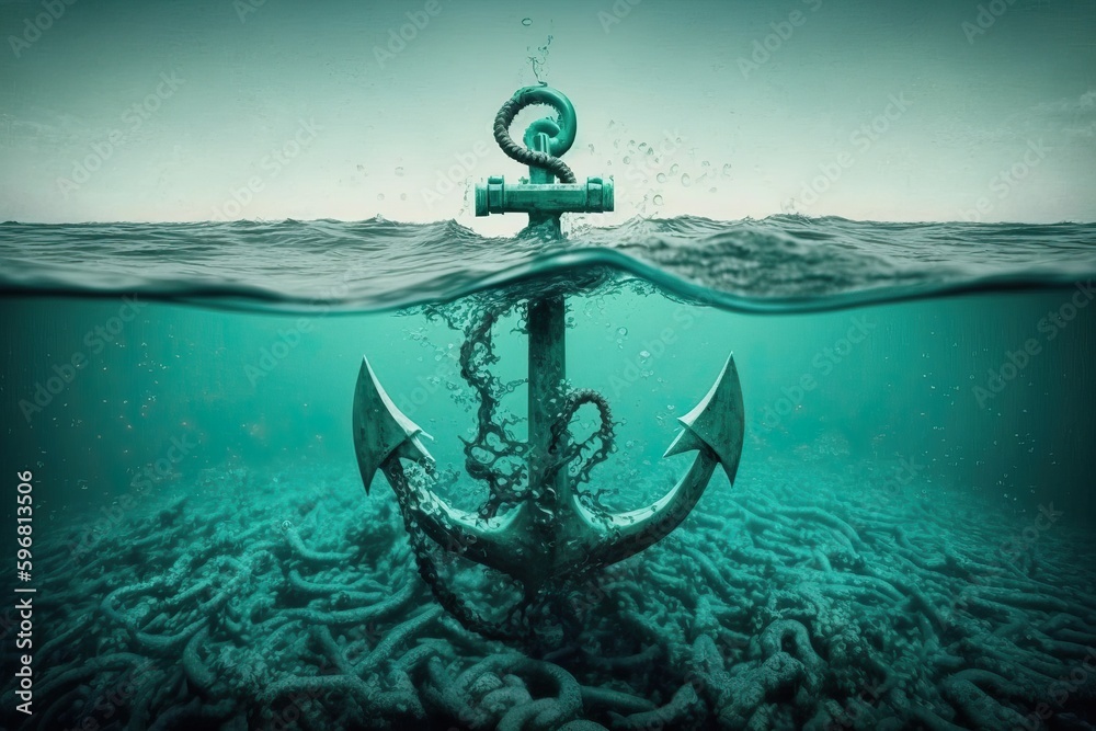 Anchor on the bottom of the ocean underwater, abandoned anchor from a ...