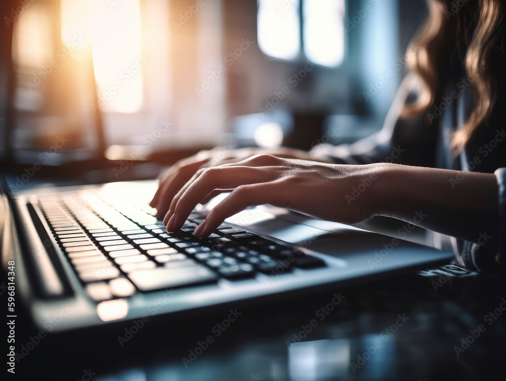 Hands typing on a laptop keyboard with a blurred office background ...
