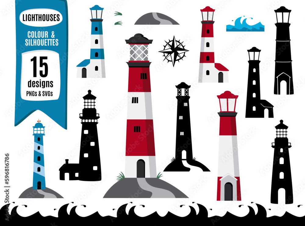 Lighthouses clipart assets & illustrations set - mono silhouettes ...