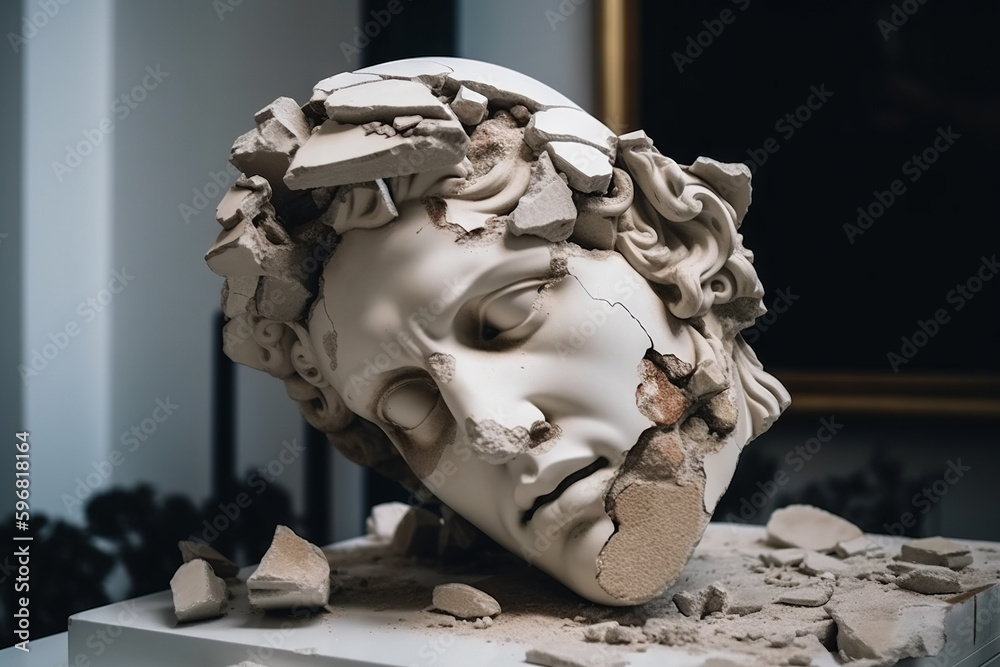 Broken ancient greek statue, destroyed marble bust, cracking sculpture ...
