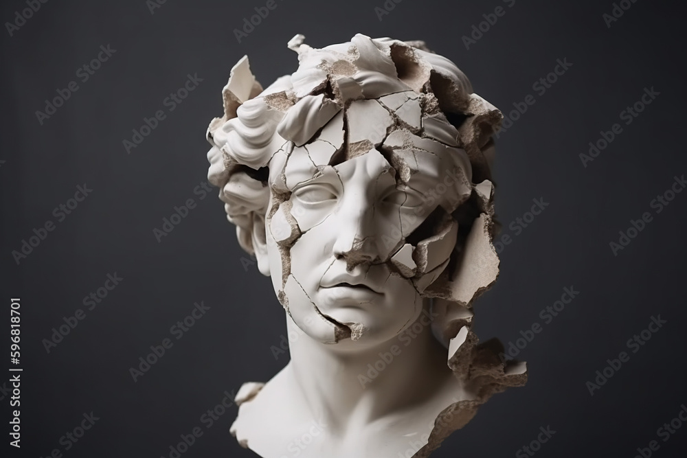 Broken ancient greek statue, destroyed marble bust, cracking sculpture, roman bust, hellenic ...