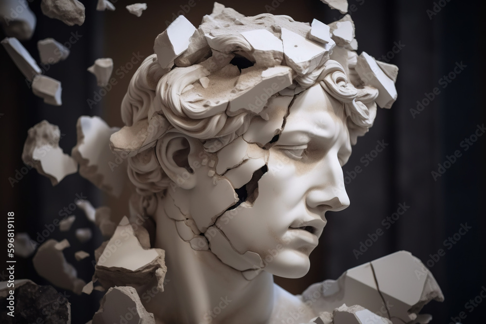 Broken ancient greek statue, destroyed marble bust, cracking sculpture ...