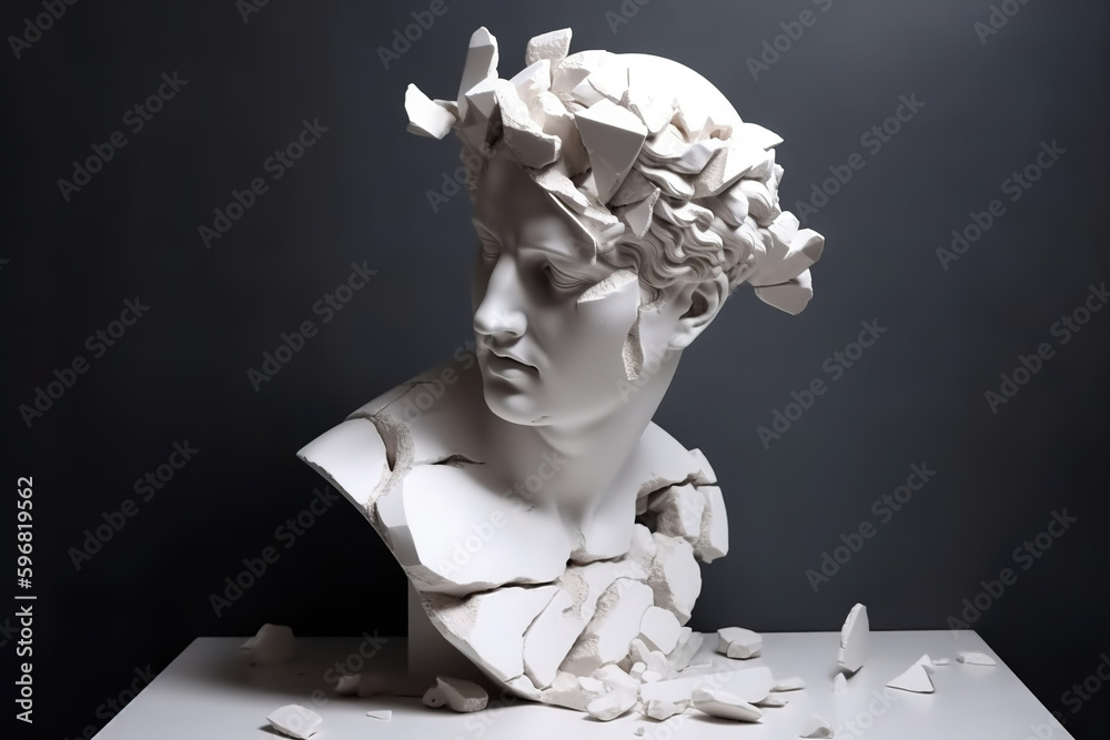 Broken ancient greek statue, destroyed marble bust, cracking sculpture ...
