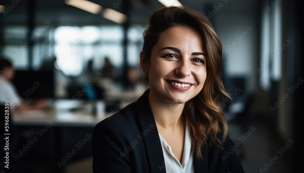 Attractive businesswoman woman posing at her work place with coworkers ...