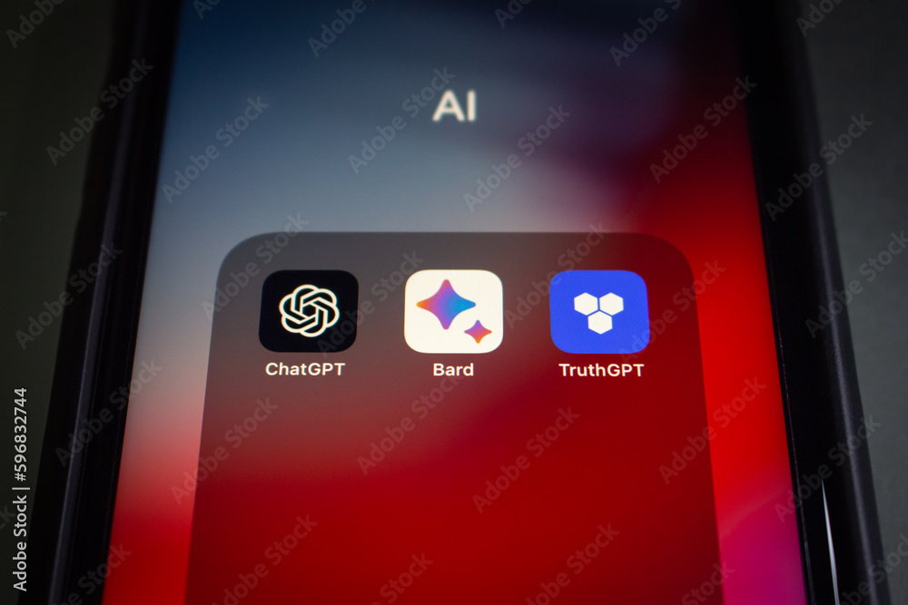 Vancouver, CANADA - Apr 19 2023 : OpenAI ChatGPT, Google Bard and TruthGPT icons seen in an ...