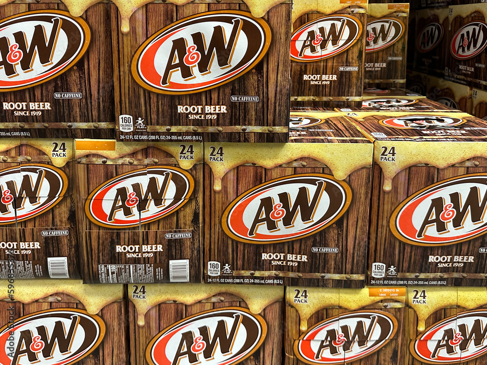 Maple Grove, Minnesota - April 8, 2023: A&W Root Beer 24 packs of soda ...